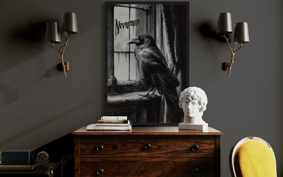 Nevermore Raven Gothic Wall Art, Edgar Allan Poe Inspired Dark Bird ...