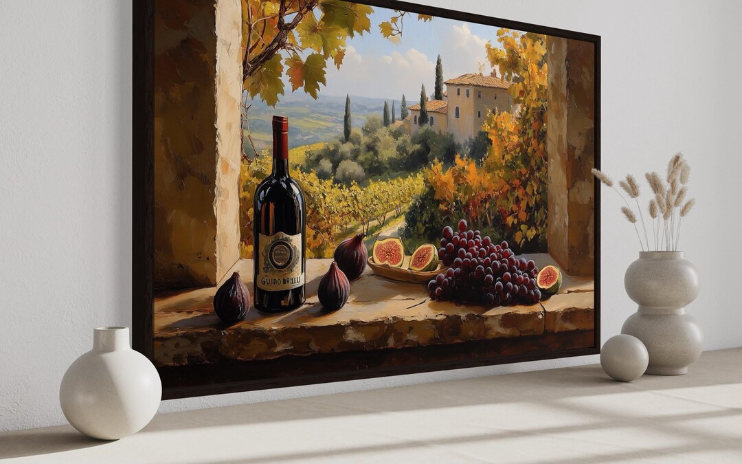 Tuscany Vineyard Window View Wall Art, Wine Bottle and Grapes Painting ...