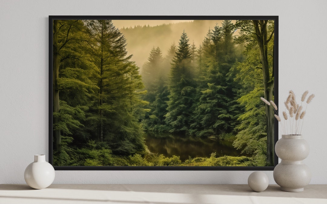 Forest Wall Art Realistic Nature Painting Fir Tree Canvas Print, Green ...