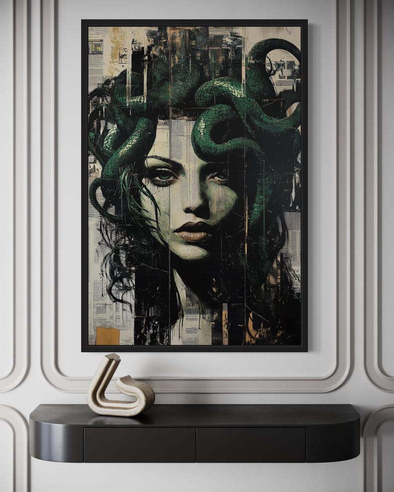 Modern Medusa Portrait Gothic Wall Art, Dark Green Snake Hair Painting ...