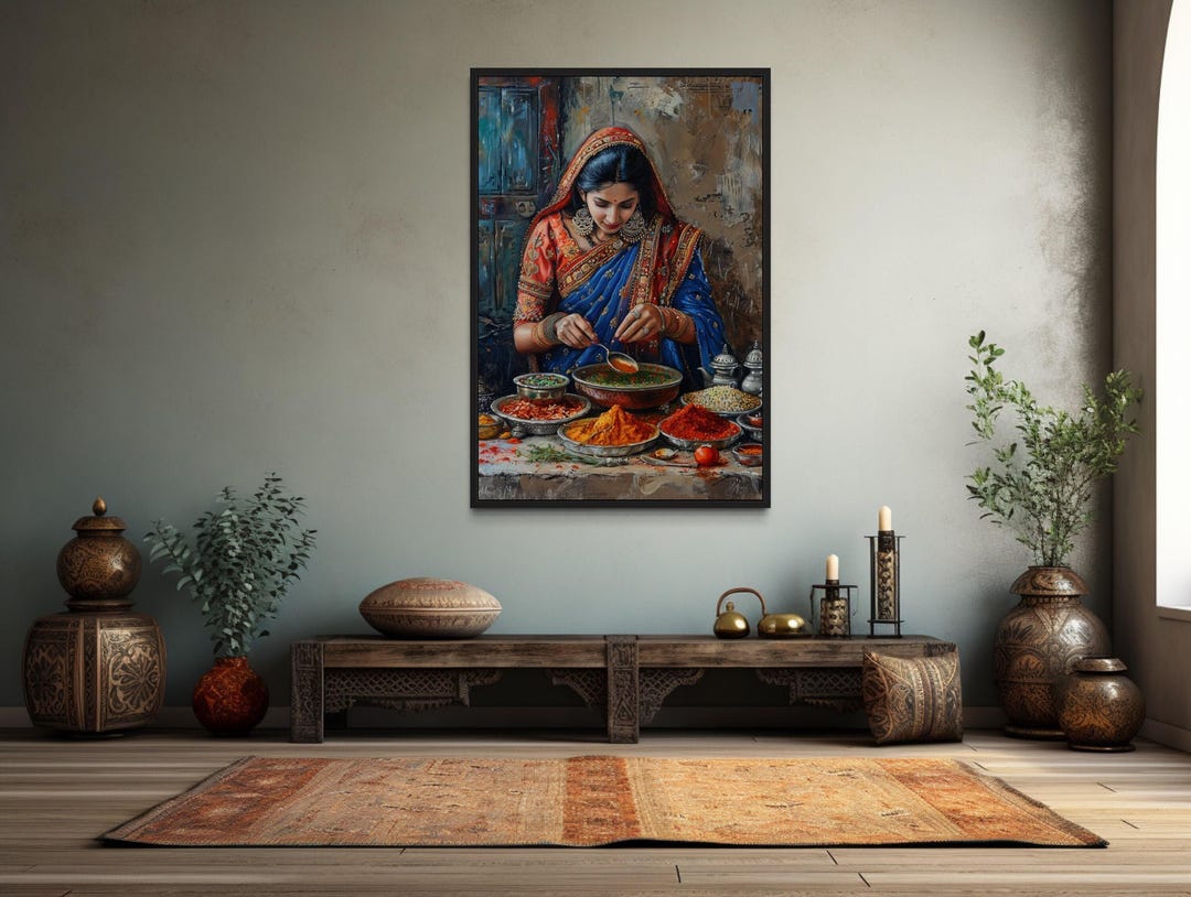 Indian Kitchen Wall Art - Indian Woman Cooking Painting Canvas PRINT ...