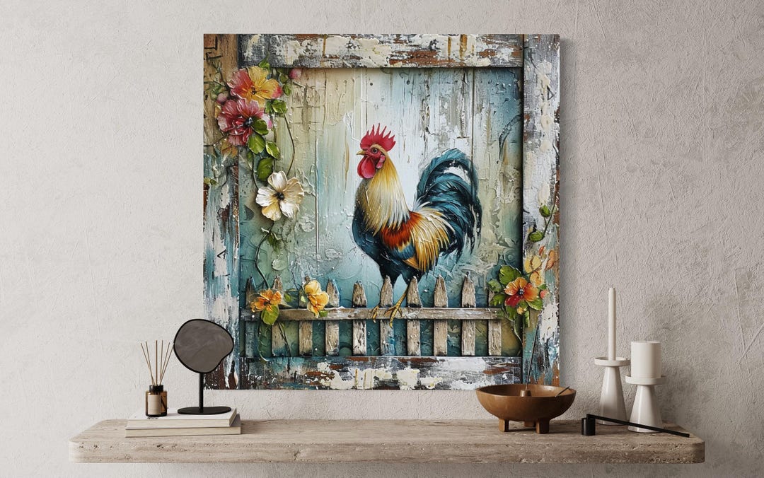 Rooster Wall Art, Farmhouse Wall Art, Rustic Farm Animals Painting ...