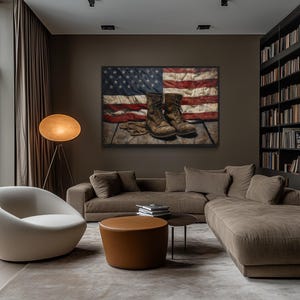 Military Patriotic Wall Art American Flag and Soldier Boots Painting Canvas PRINT, US Army Wall ...