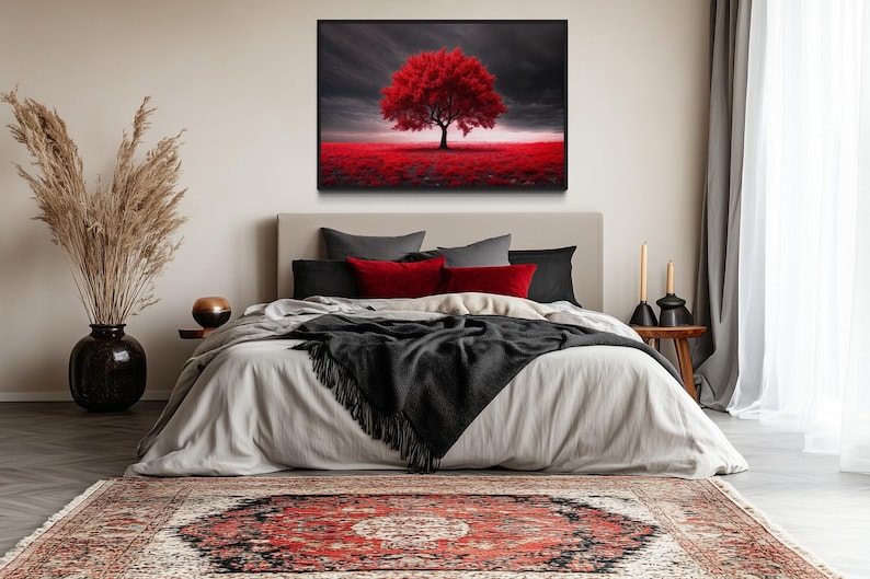 Red Tree On Black Background Wall Art - Tree Painting Canvas Print ...
