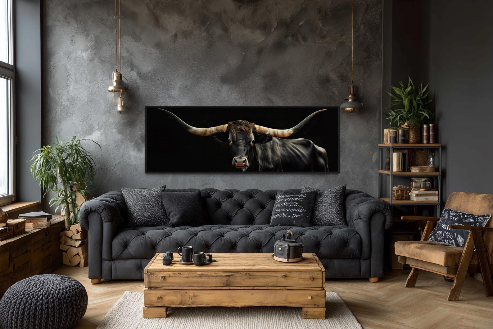 Black Texas Longhorn Cow Long Horizontal Canvas Print - Photo Style ...
