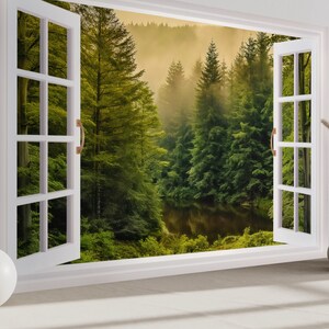 Fake Window Foggy Pine Trees Forest Wall Art, Sage Green Nature Window ...