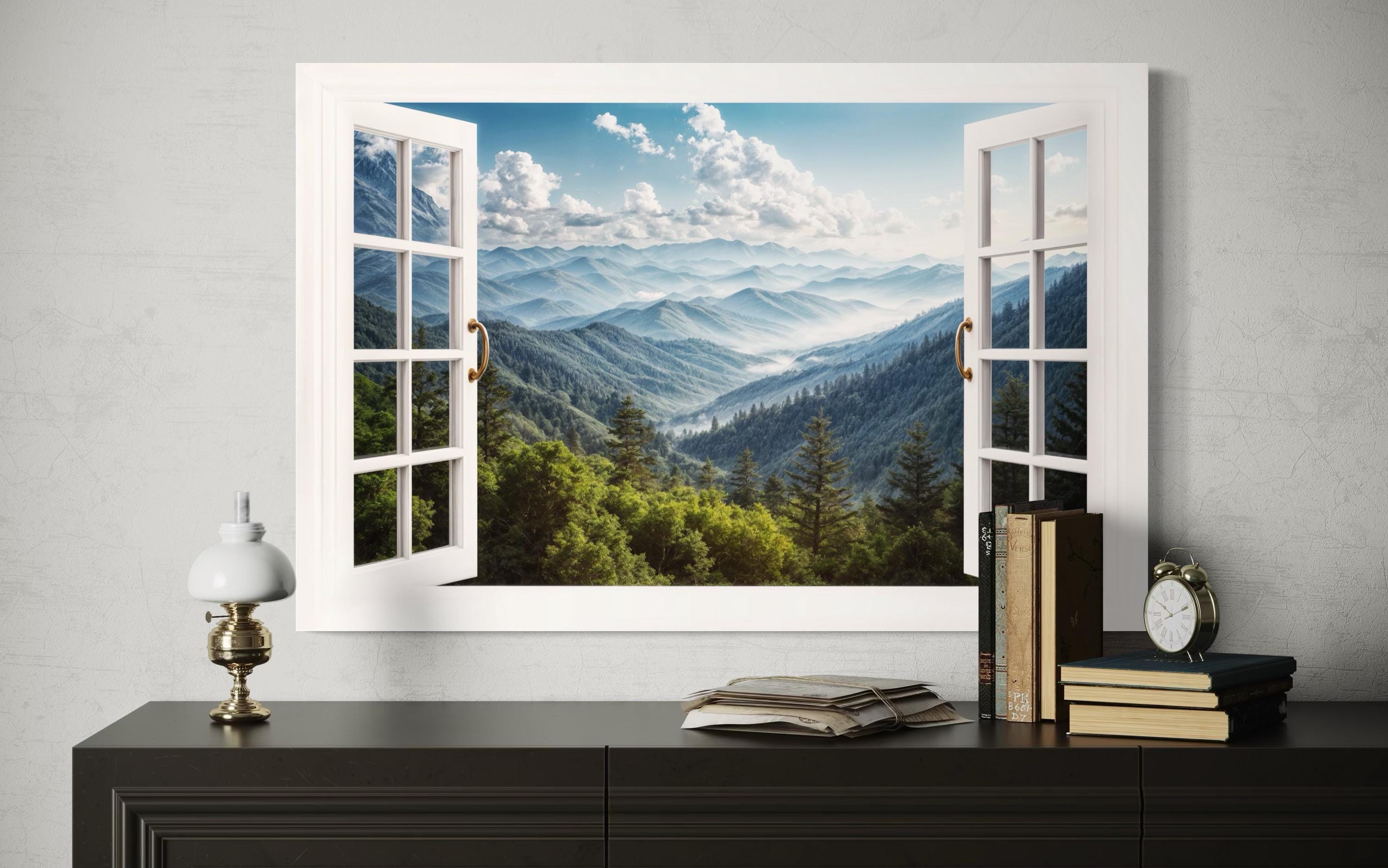 Fake Window View Canvas, Great Smokey Mountains View From Open Window ...