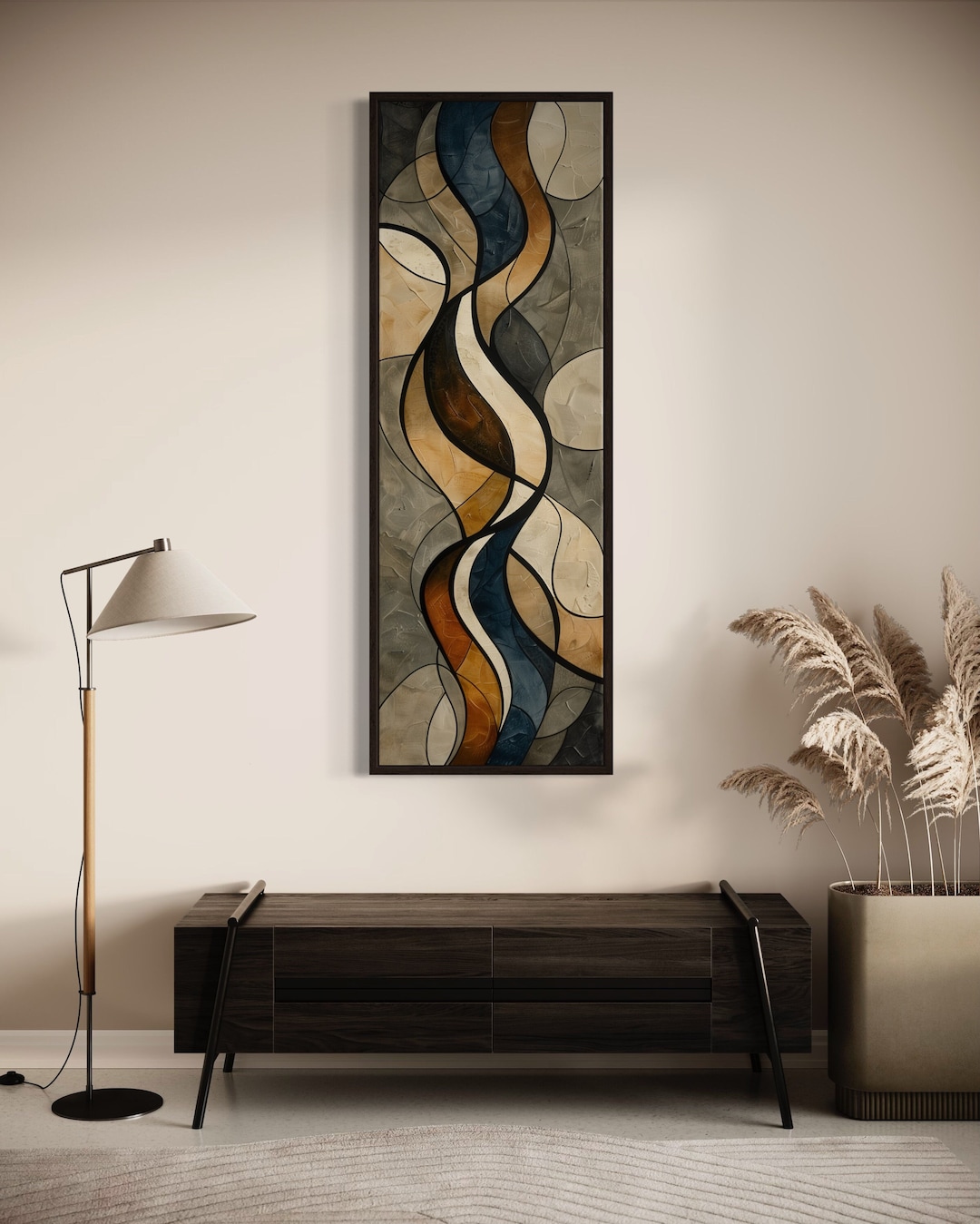 Tall Narrow Earth Tones Mid Century Modern Wall Art, Brown Beige Navy ...