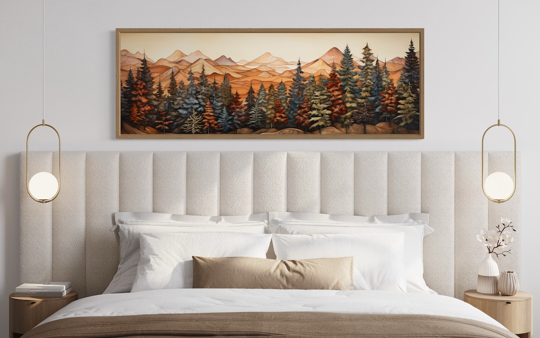 Rustic Bedroom Wall Art Above Bed Panoramic Forest Painted on Wood ...