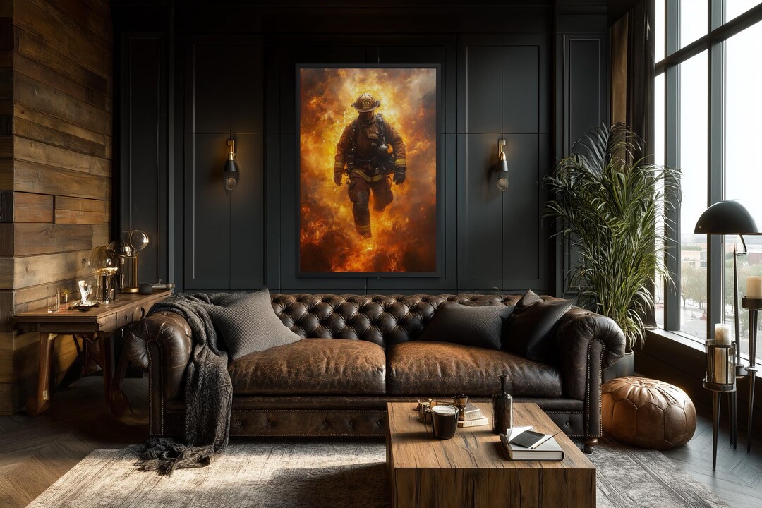 Firefighter Emerging From Fire Canvas Wall Art, Heroic Painting, Flames ...
