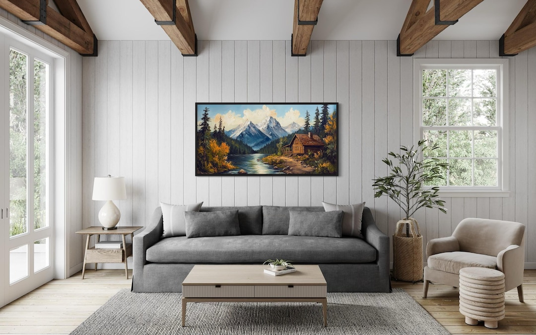 Mountain Cabin Wall Art, Lake, Cabin on the River Nature Vintage Style ...