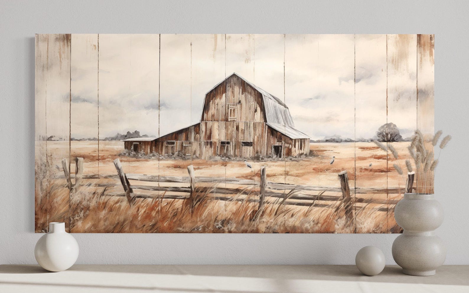 Farmhouse Wall Art, Old Farm Barn Painting on Wood Canvas PRINT, Retro ...