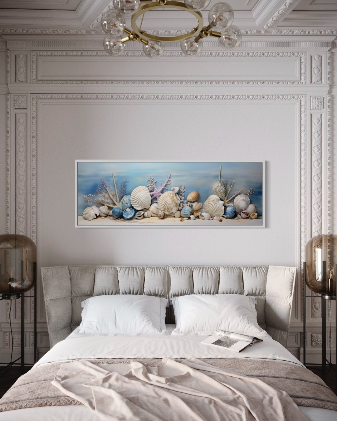 Coastal Wall Art Seashells and Sand Painting Panoramic Canvas Print ...