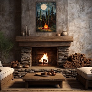 Campfire at Night, Cozy Cabin Over Mantel Decor, Camping Wall Art Fire ...