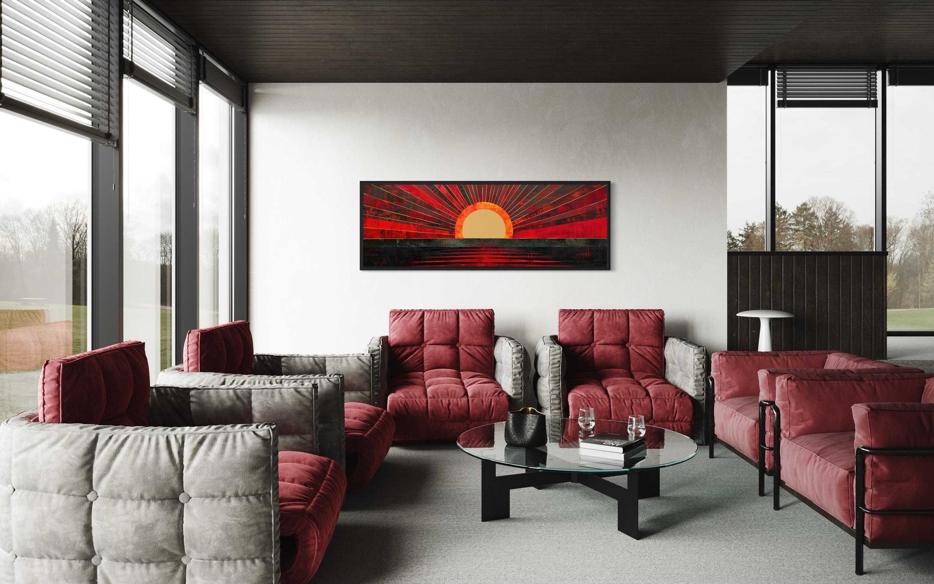 Mid Century Modern Black Red Sun Wall Art, Abstract Sun Panoramic ...