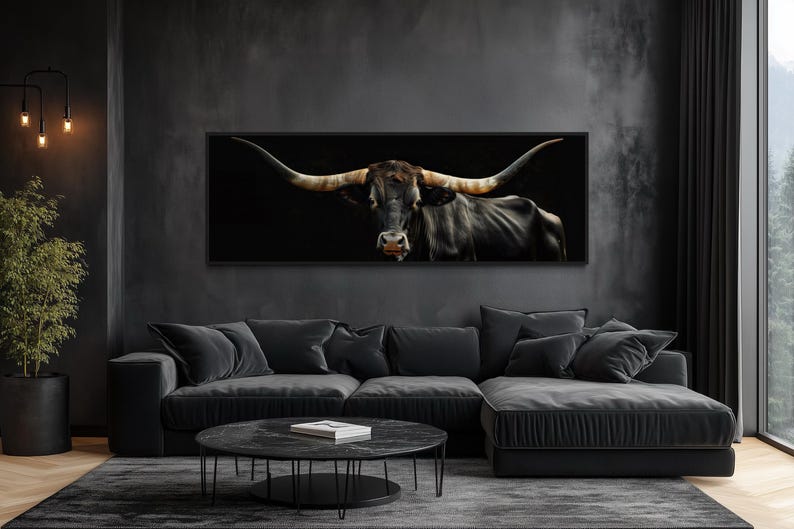 Black Texas Longhorn Cow Long Horizontal Canvas Print - Photo Style ...