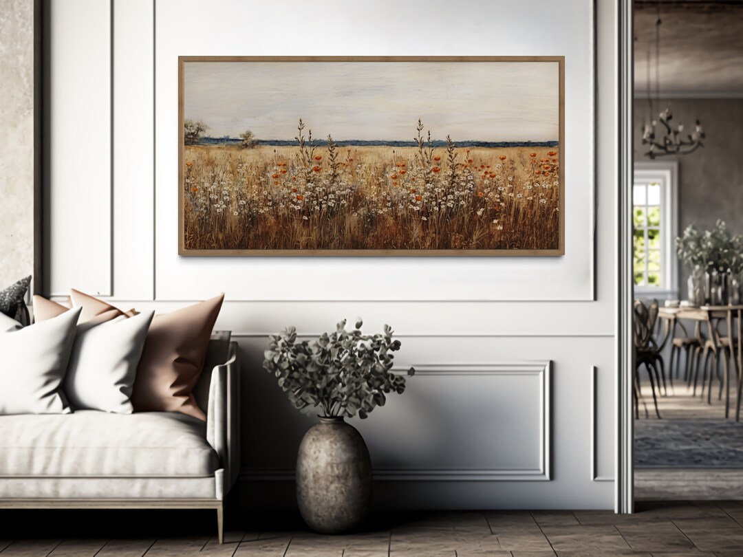 Framed Wildflowers Field Canvas Painting PRINT, Retro Farmhouse Wall ...