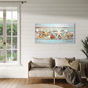 Beach House Wall Art - Starfish and Shells Painting on Blue Wood ...