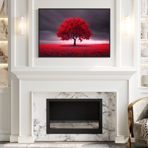 Red Tree on Black Background Wall Art Tree Painting Canvas Print Living ...