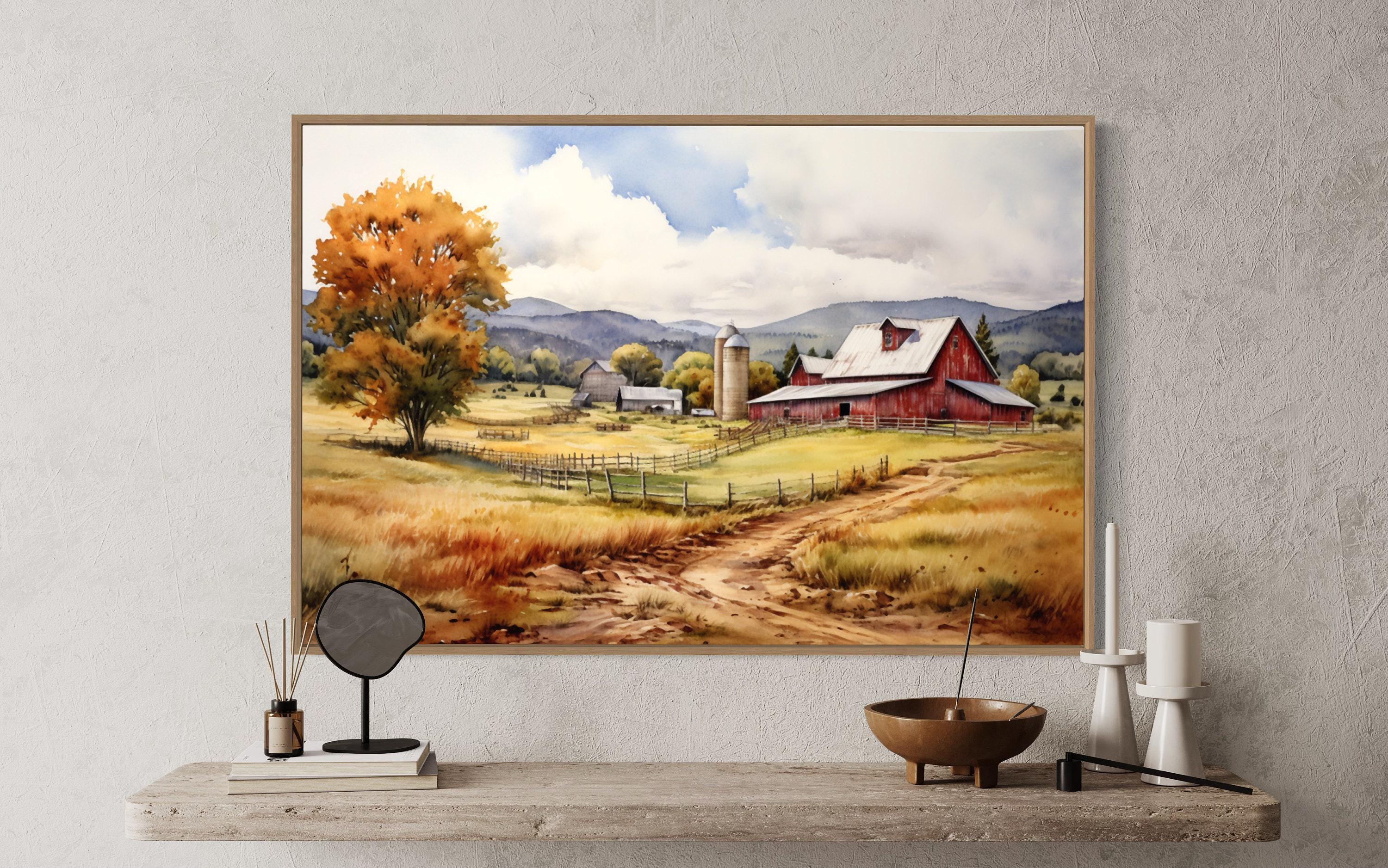 Farm Scene Painting With Red Barn in the Field, Farmhouse Wall Art ...