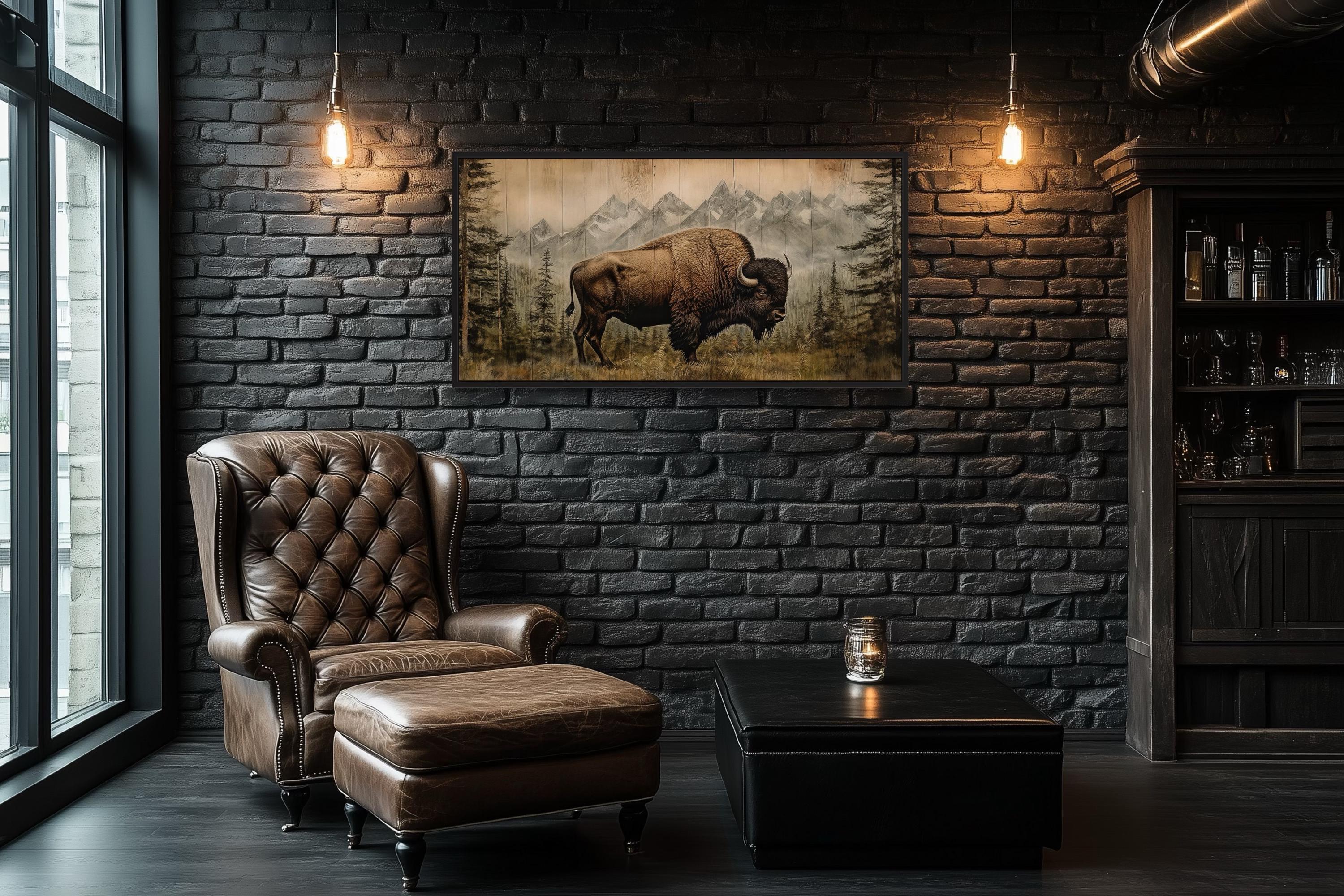 American Bison Painting Wood Panel Effect Printed on Canvas ...