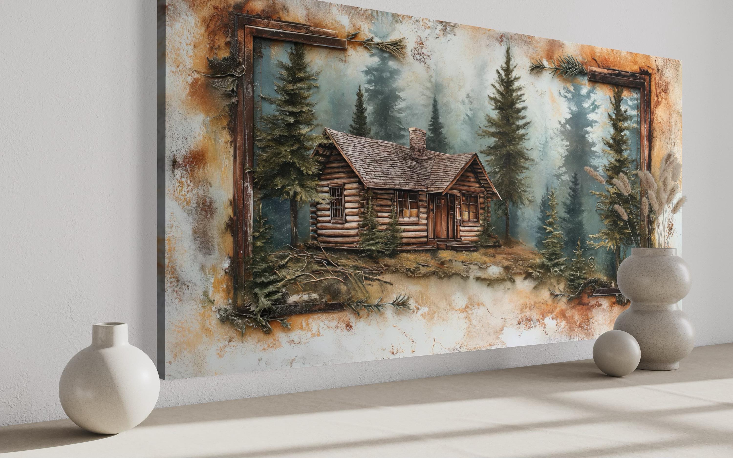 Old Log Cabin in the Woods Wall Art - Rustic Cottage in Fir Forest ...