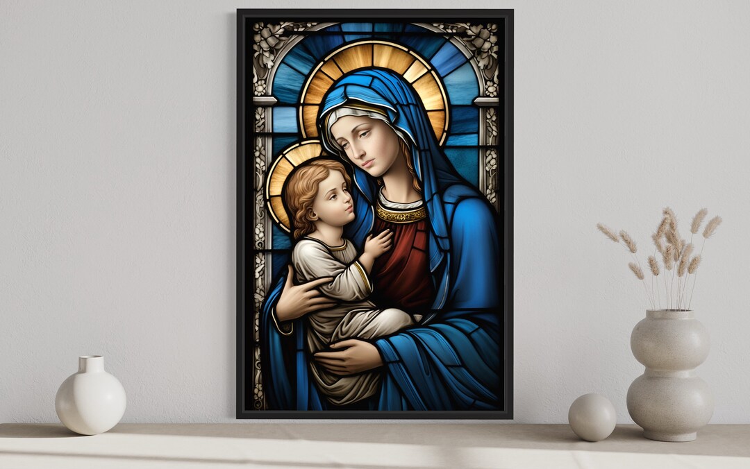 Maria With Baby Jesus Stained Glass Style Painting Canvas PRINT ...