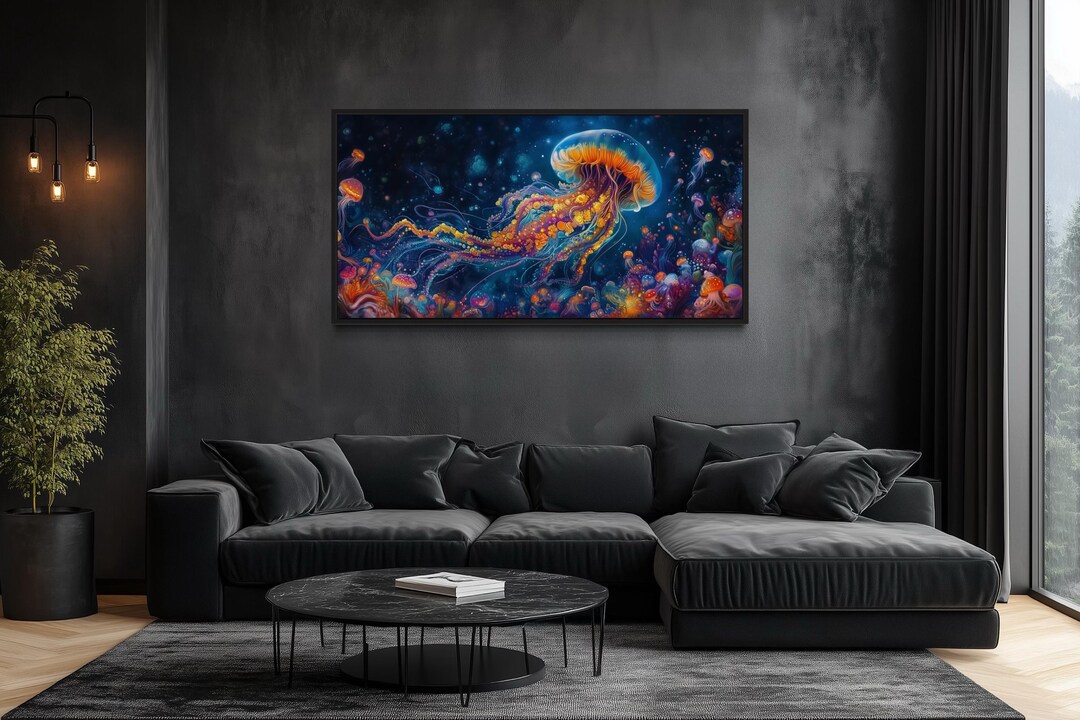 Trippy Jellyfish Canvas Print, Psychedelic Underwater Scene With Neon ...