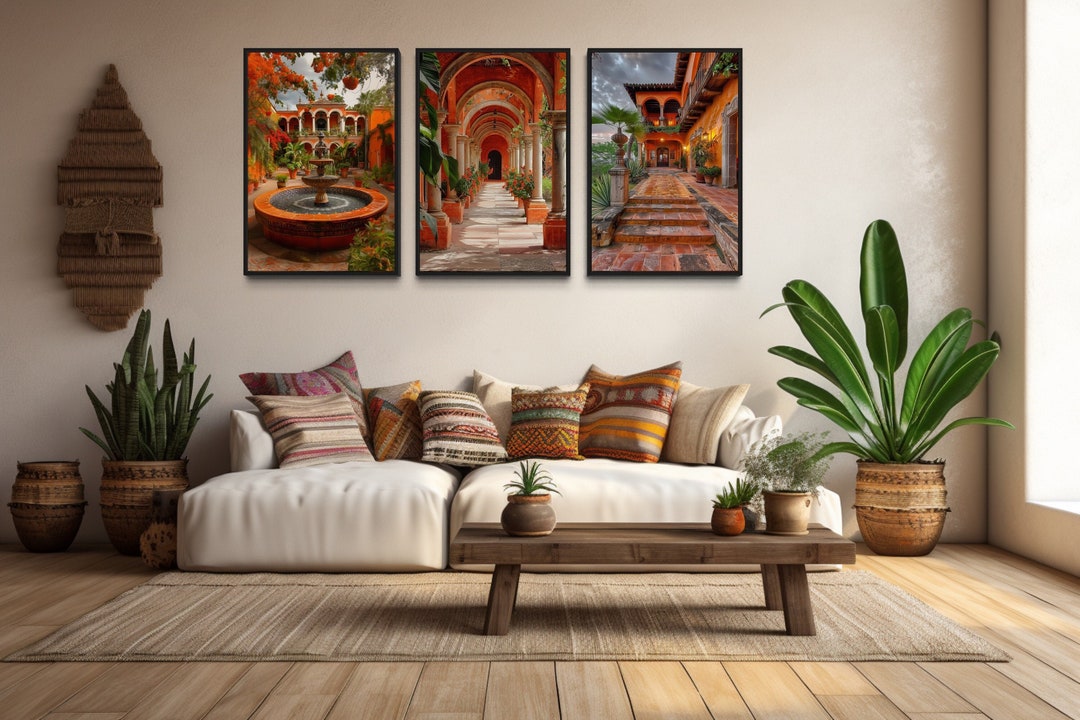 Set of Three Mexican Wall Art, Mexican Hacienda Painting Canvas PRINT ...