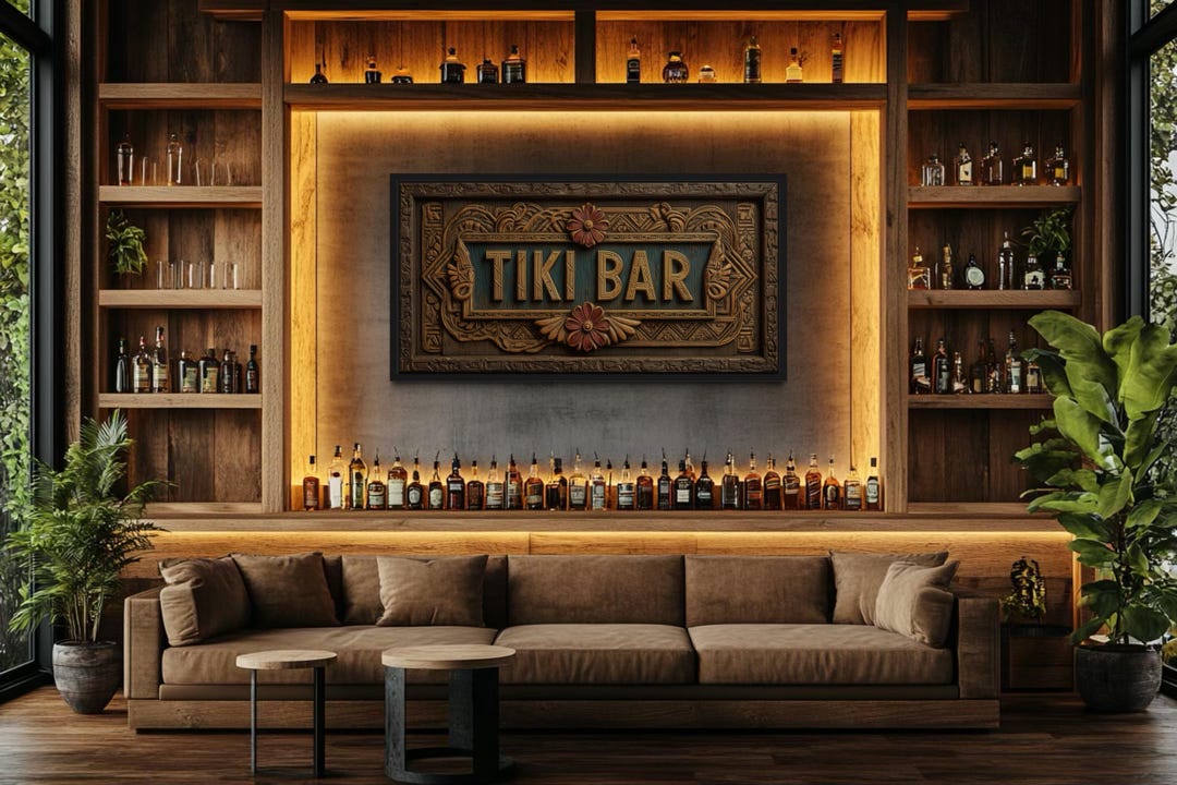 Tiki Bar Wall Art – Tropical Retro Sign Canvas Print, Rustic Brown and ...