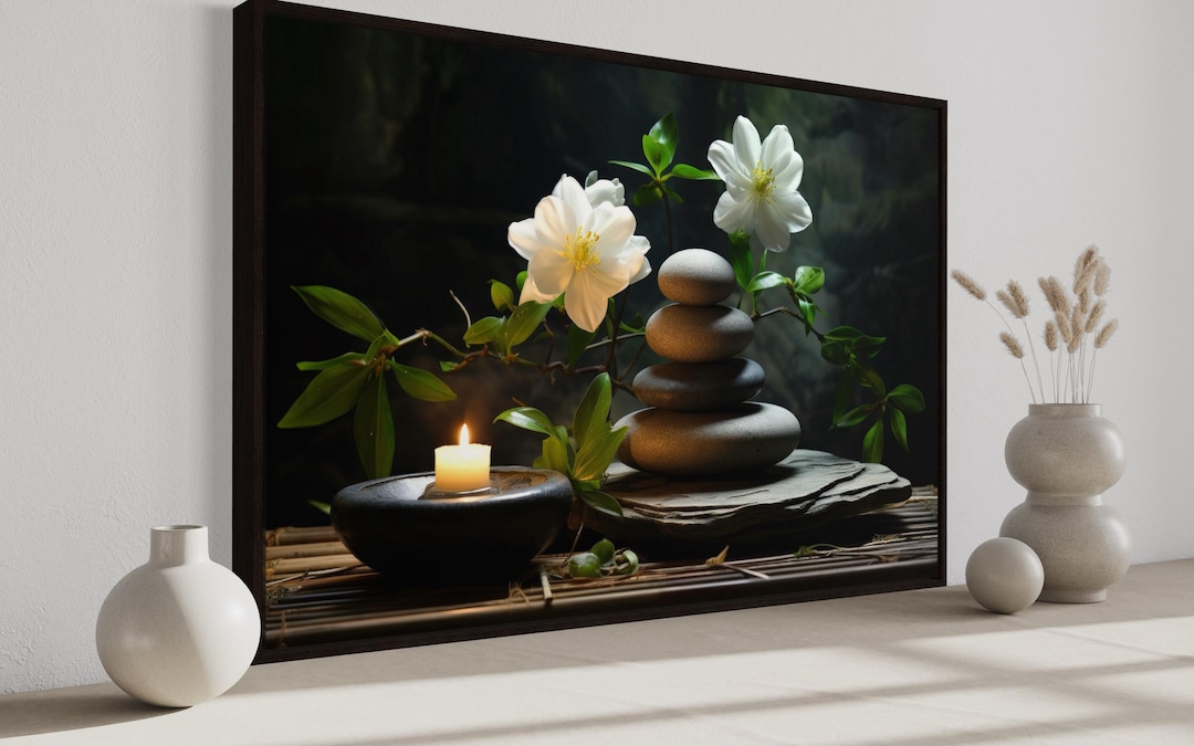 Zen Wall Art - Stacked Stones, Flowers and Candle Painting Canvas Print ...