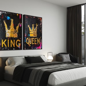Set of 2 King and Queen Crowns Wall Art - Black Gold Pop Art Painting ...