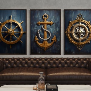 Nautical Wall Art Set of Three Maritime Prints - Navy Blue Gold Coastal ...