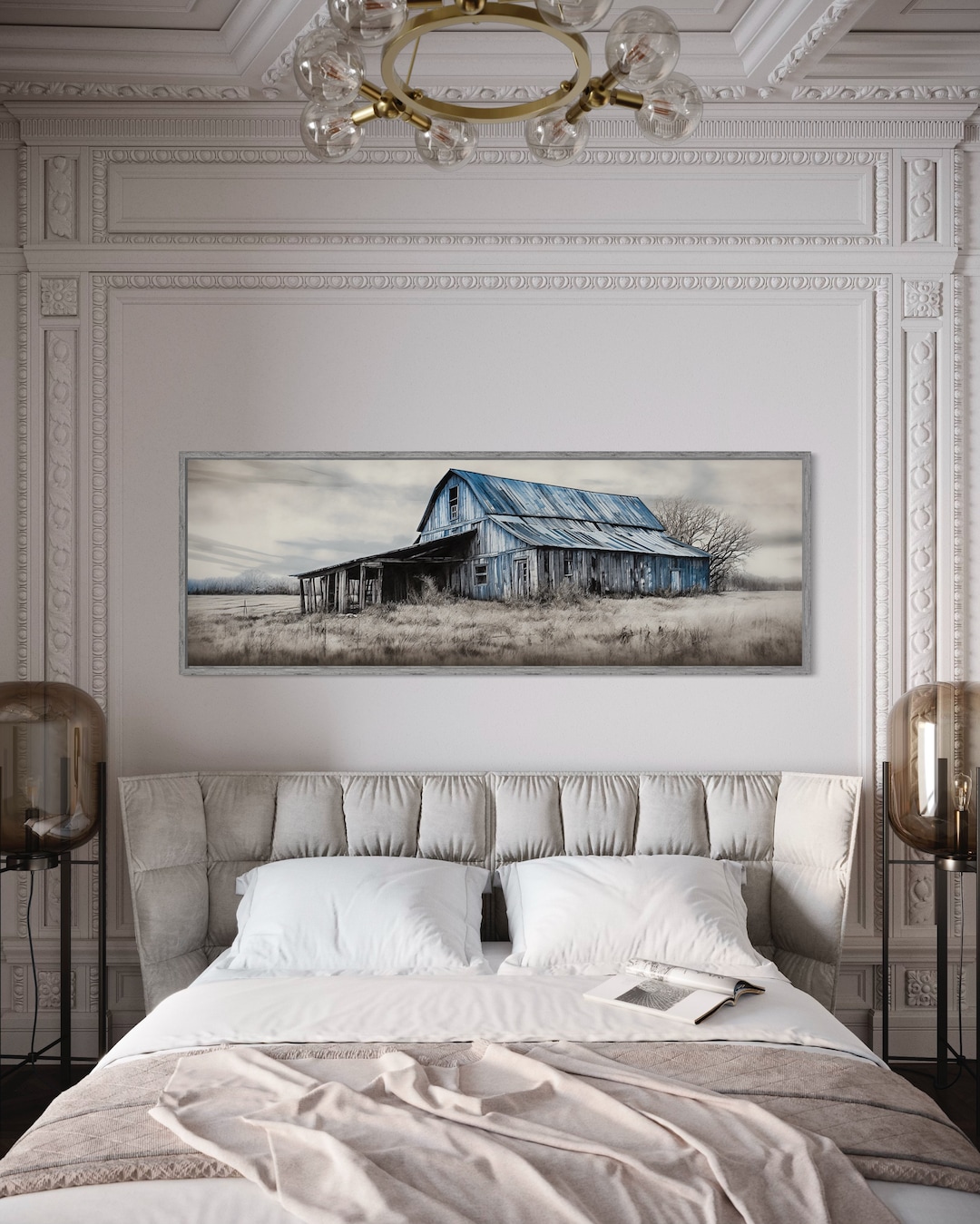 Old Blue Barn Painting Canvas Print Panoramic Horizontal Over Bed Wall ...