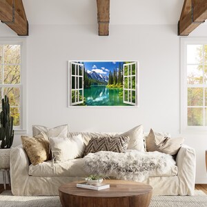 Window View Canvas - Lake and Mountains View From Open Window Painting ...