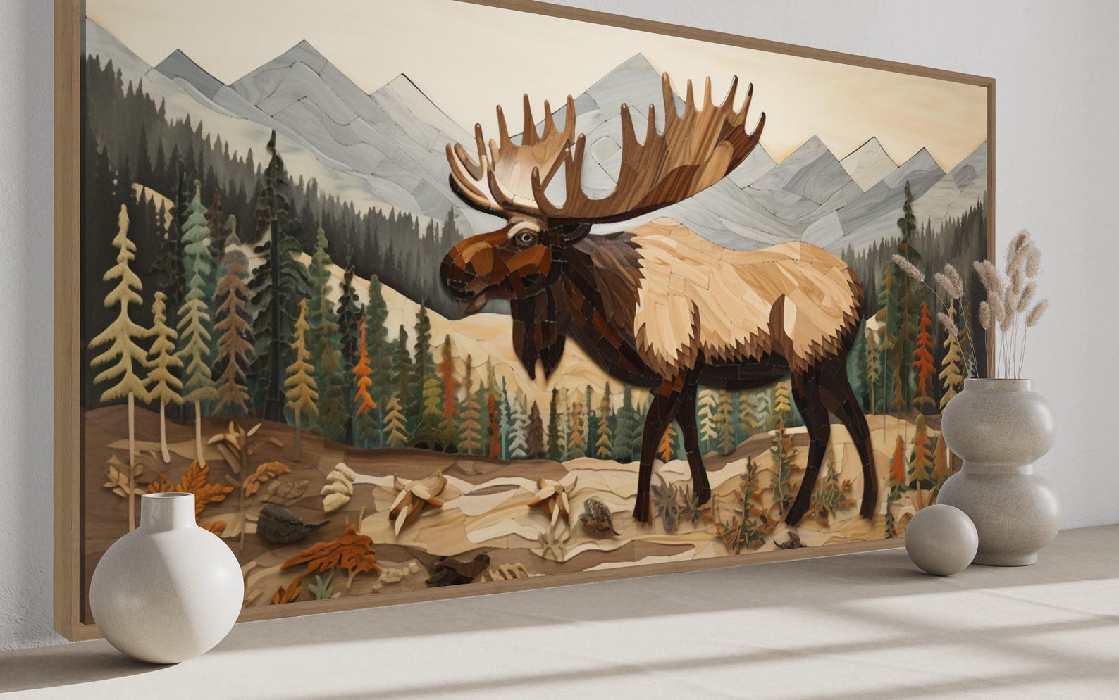 Moose in Mountain Forest Painting, Wildlife Art, Rustic Lodge Decor ...