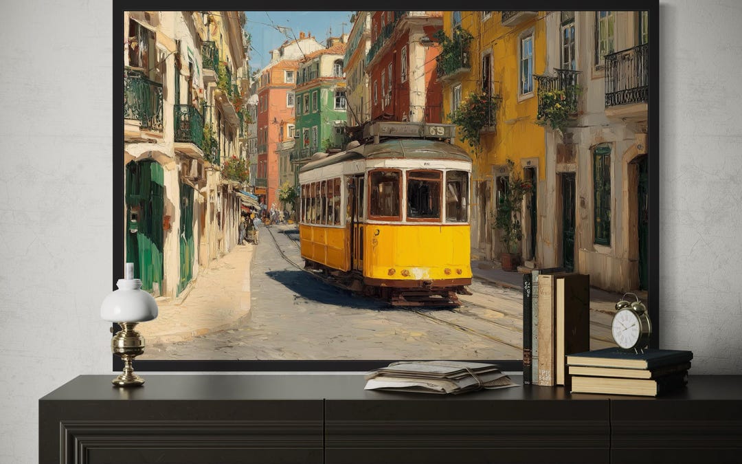 Lisbon Yellow Tram Wall Art, Colorful Street Scene Canvas Painting ...