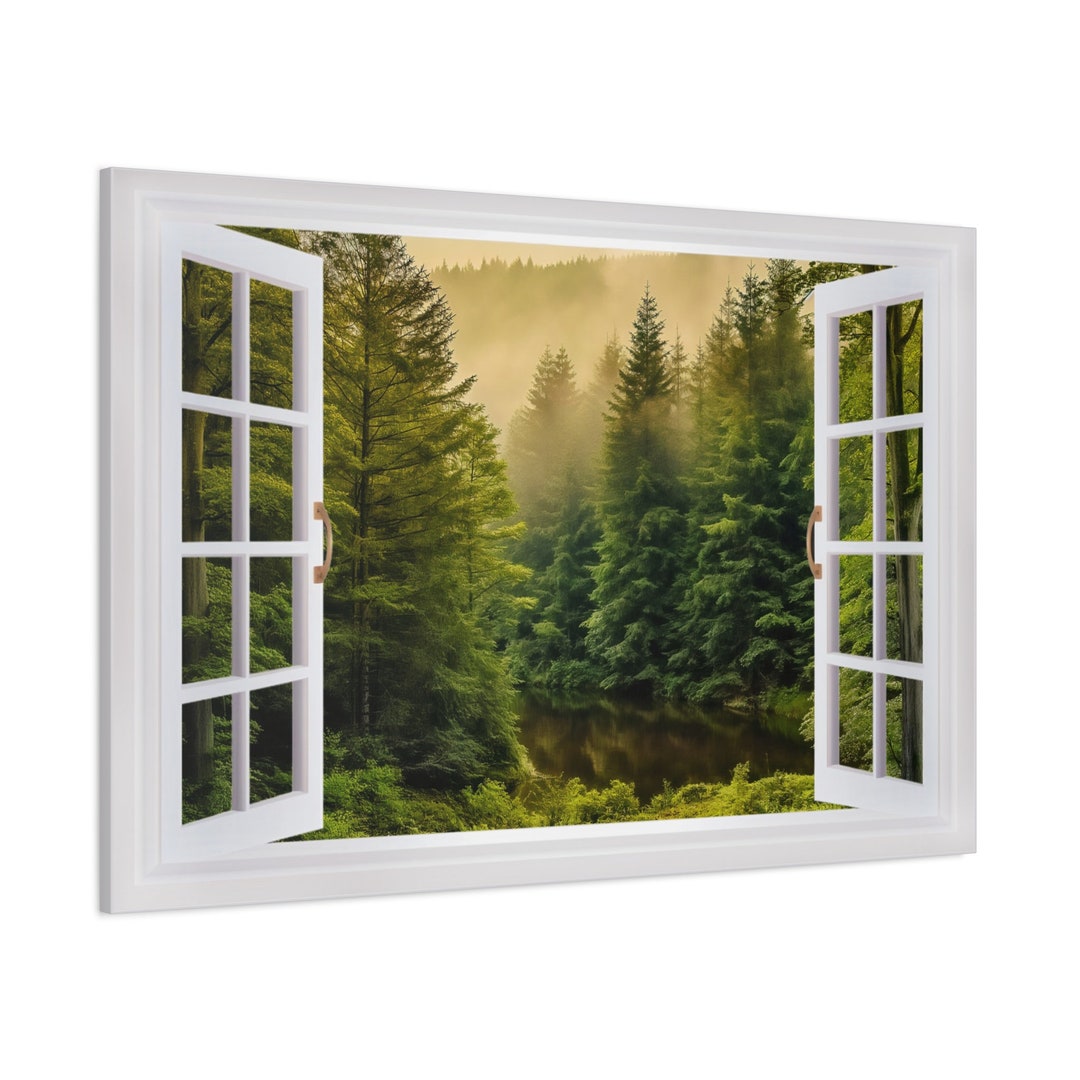 Fake Window Foggy Pine Trees Forest Wall Art, Sage Green Nature Window ...