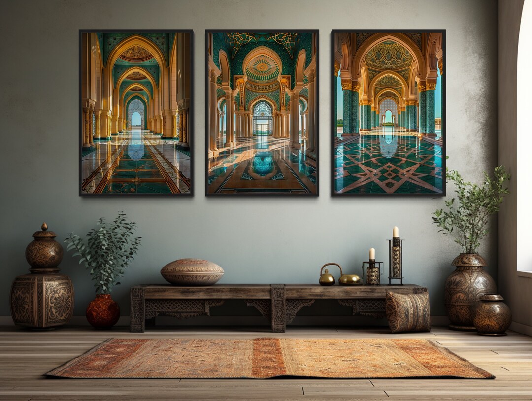 Set of Three Middle Eastern Islamic Architecture Wall Art, Green Gold ...