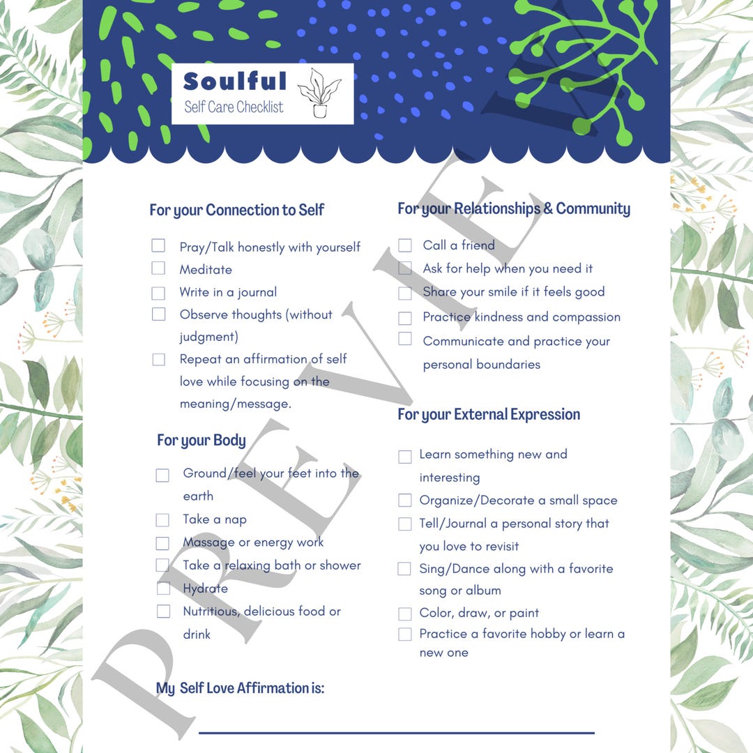 Soulful Self-care Checklist: Wellness Planner Printable PDF Self Care ...