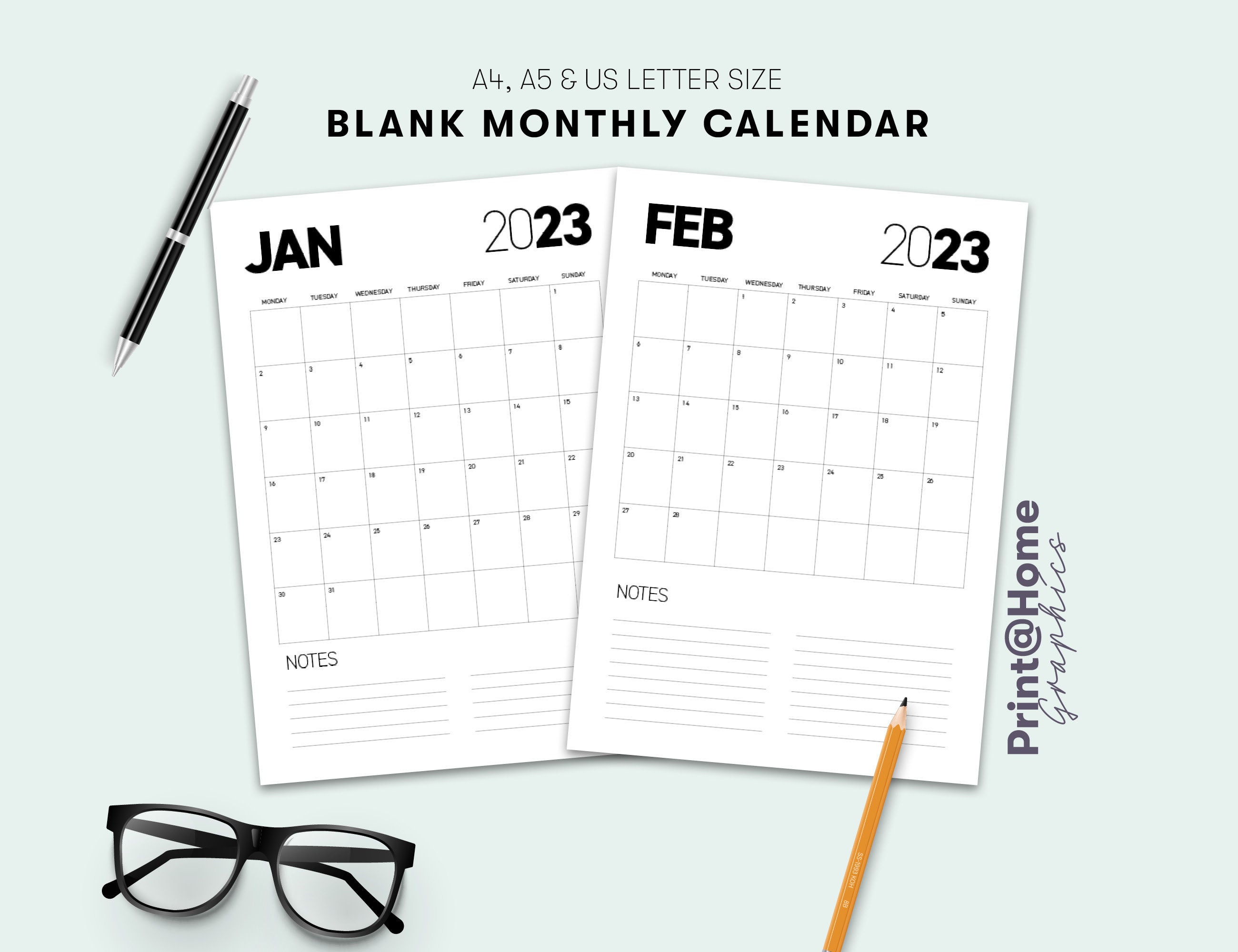 Printable Monthly Planner Calendar, A4, A5 US Letter, Portrait Pages ...