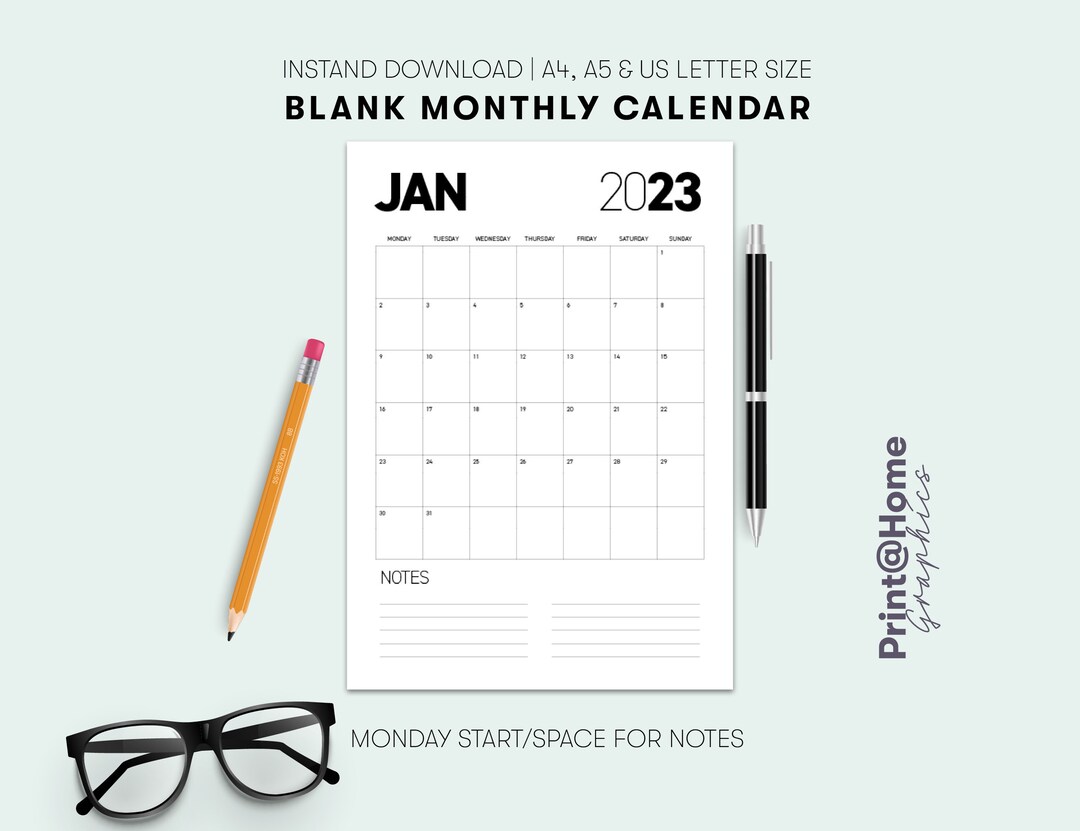 Printable Monthly Planner Calendar, A4, A5 US Letter, Portrait Pages ...