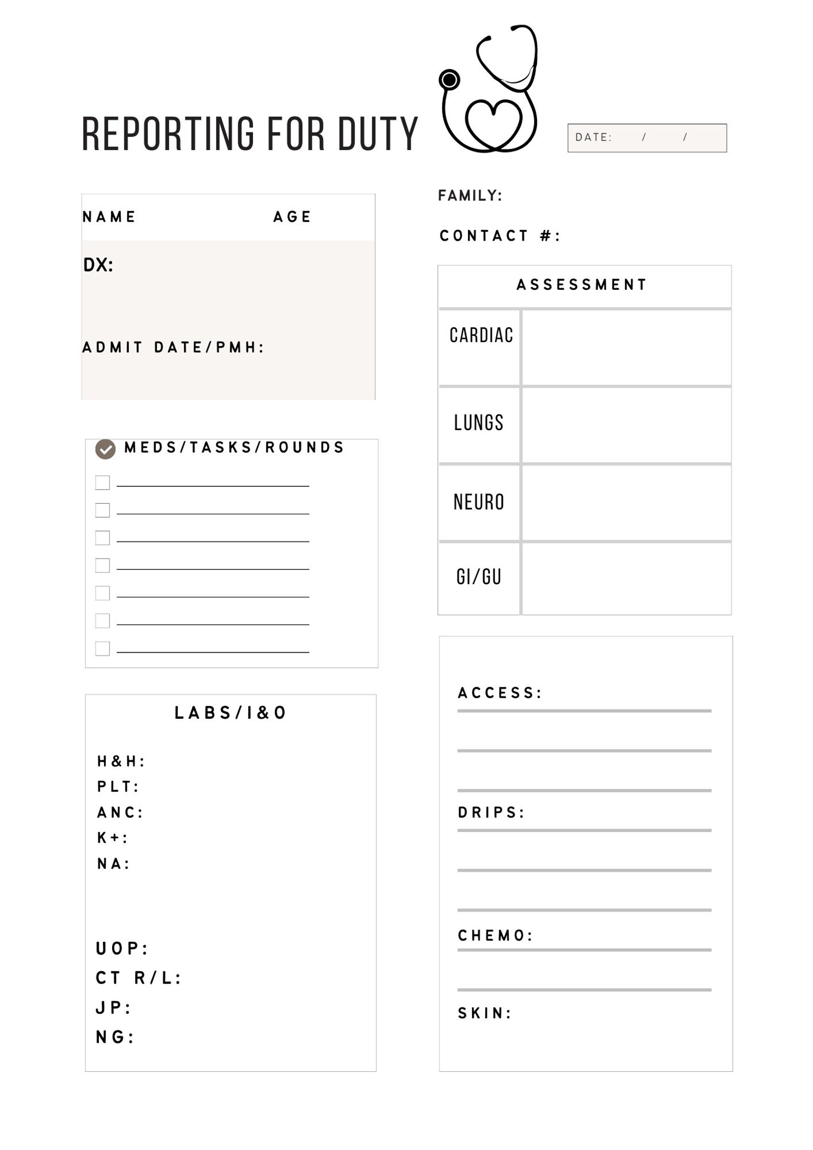 Nurse Report Sheet, Nurse Brain Sheet, Med/oncology Report Sheet ...