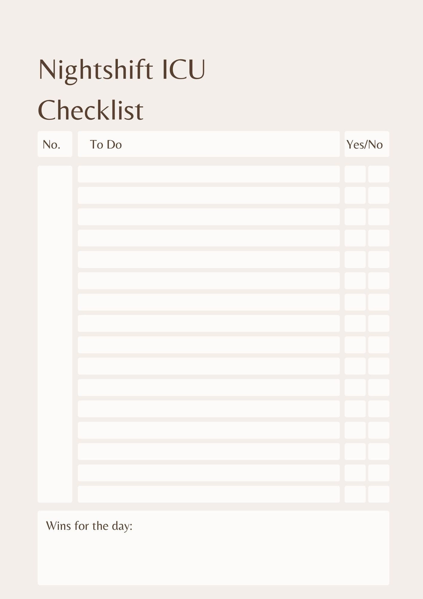 Nightshift ICU Printable, Instant Download, Minimalist Nurse Checklist ...