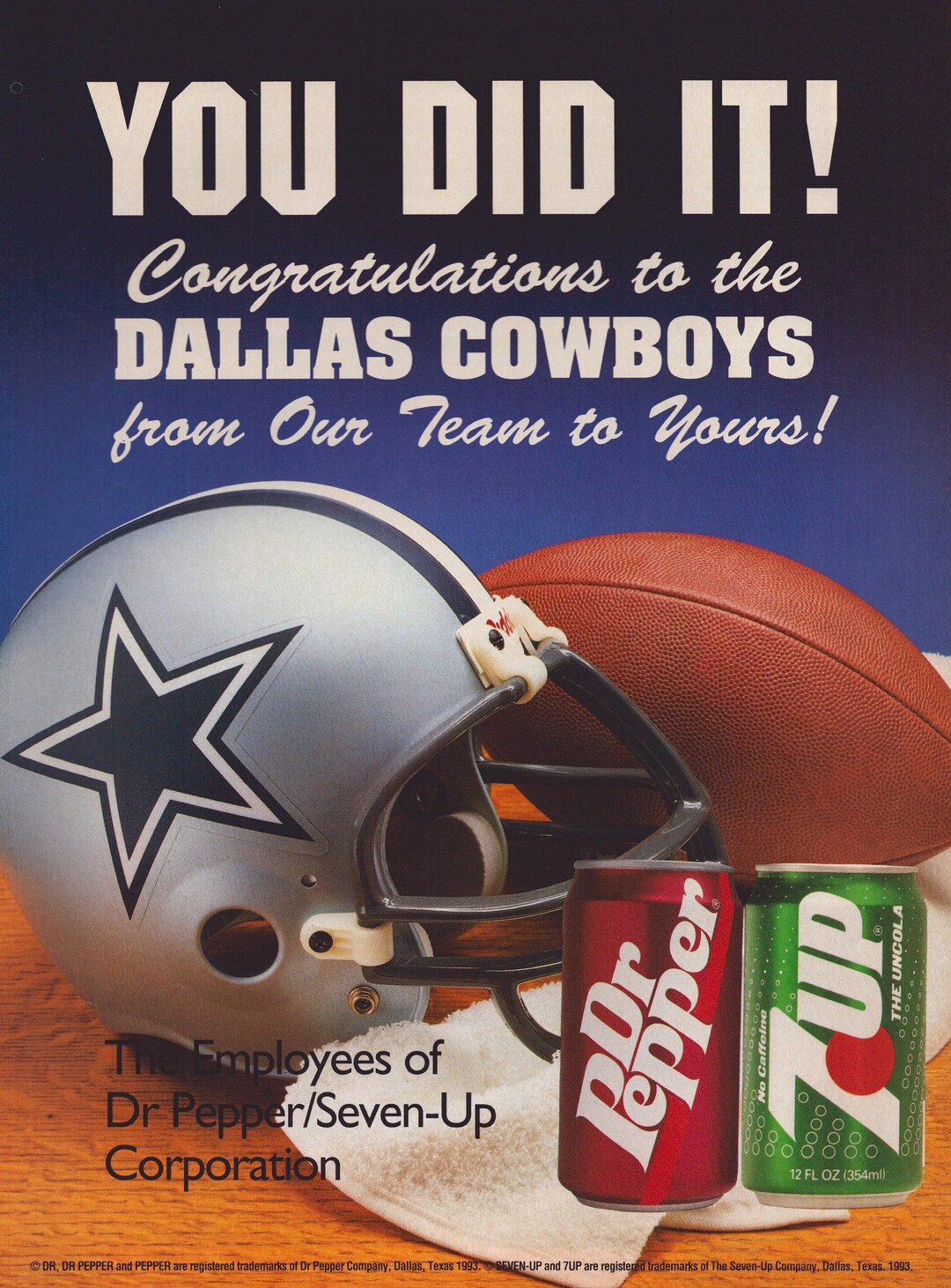 1992 Dr Pepper/seven Up-congratulations Dallas Cowboys From Our Team to ...