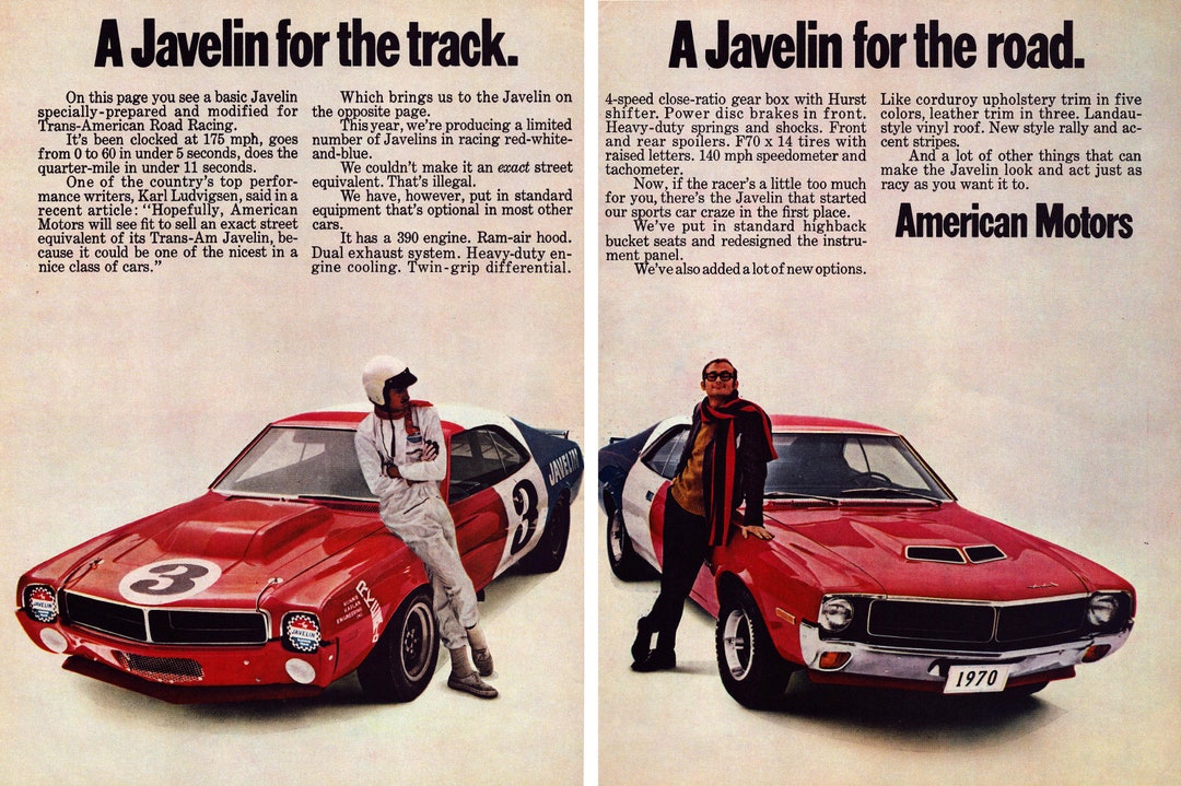 1970 AMC Javelin Vintage Print Ad, Red White & Blue Javelin, Retro ...