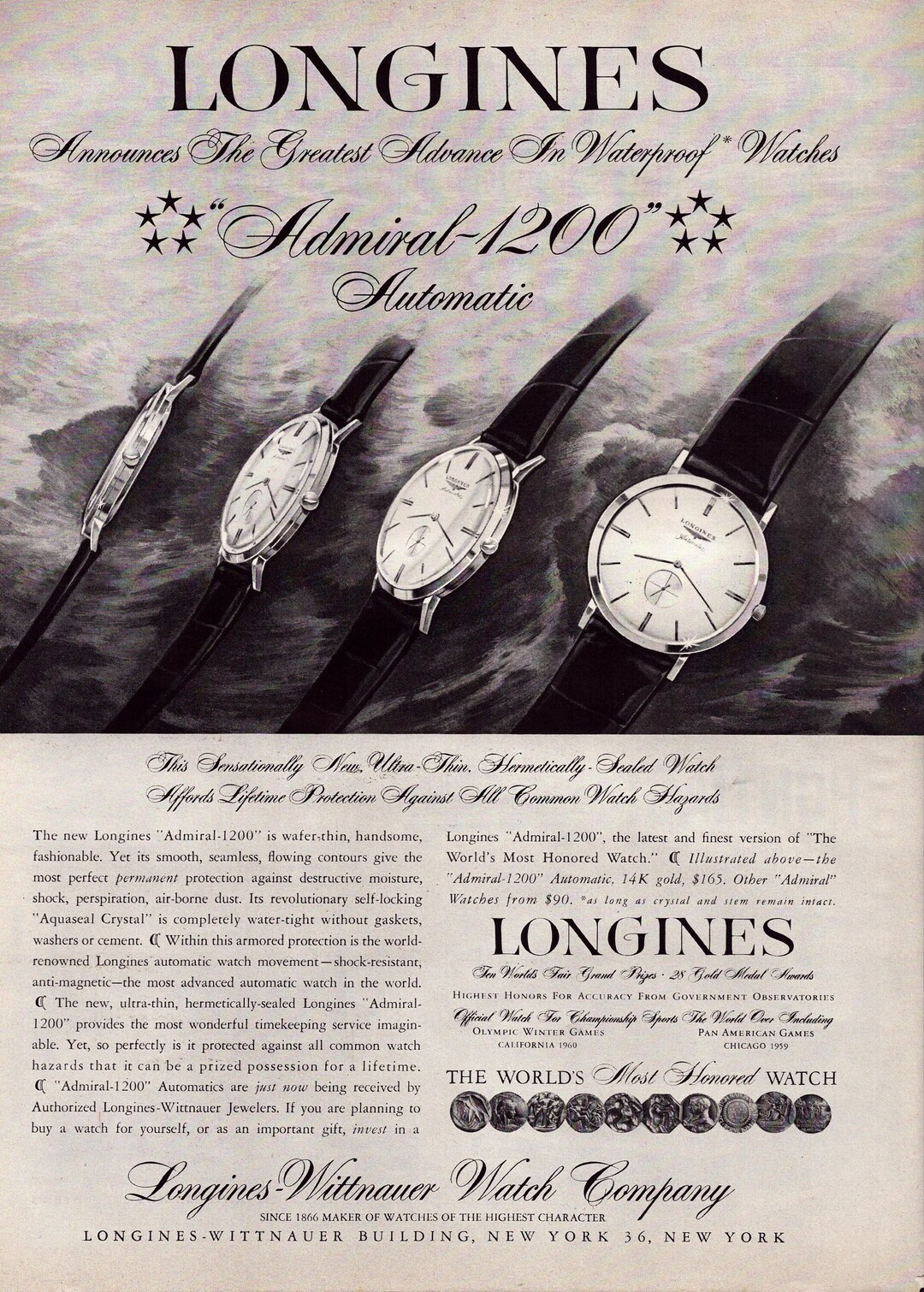 1958 Longines Admiral-1200 Watch Ad: Vintage Waterproof Advertisement ...
