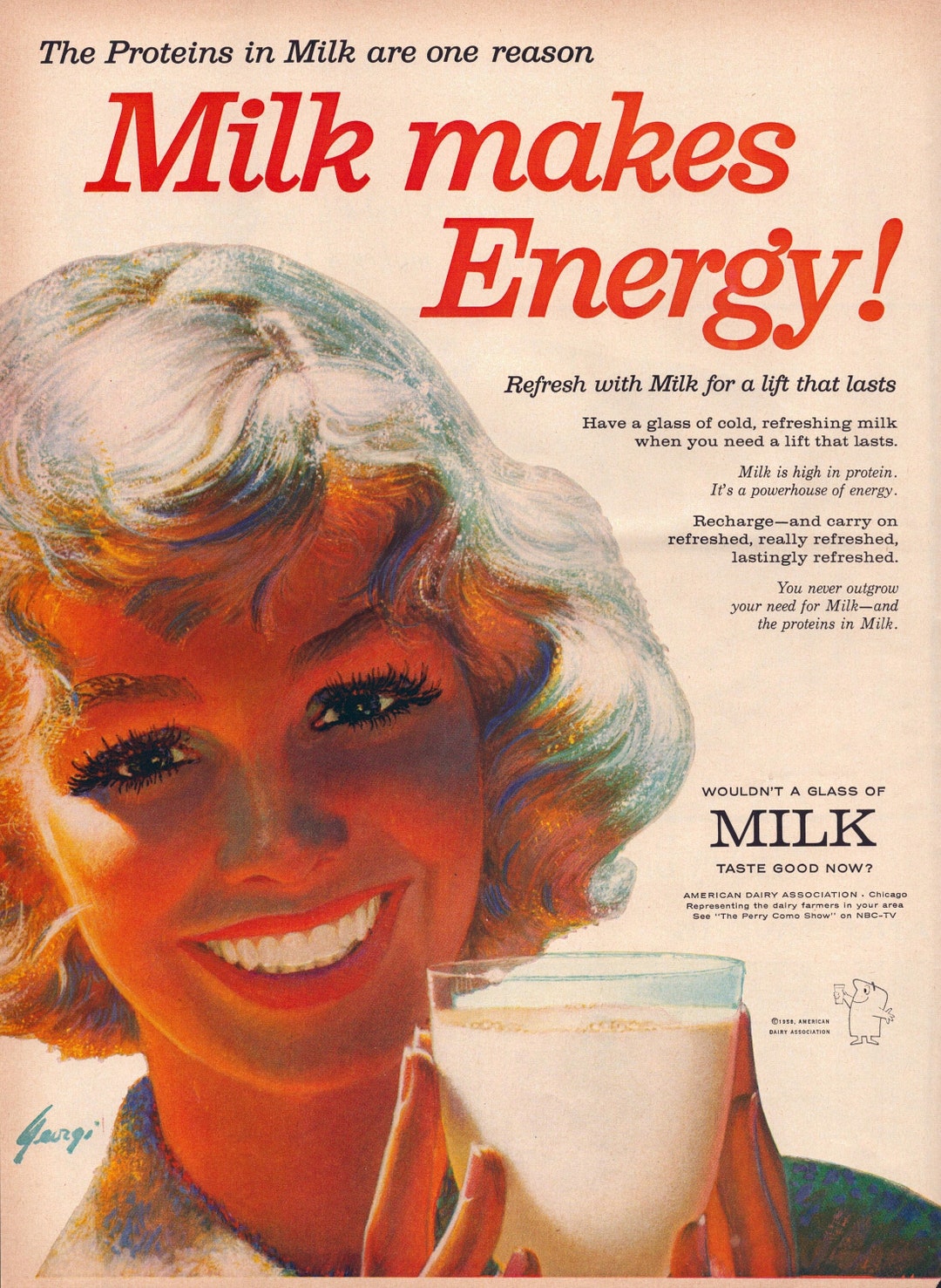 1958 Milk Makes Energy! Vintage Print Ad, American Dairy Association ...