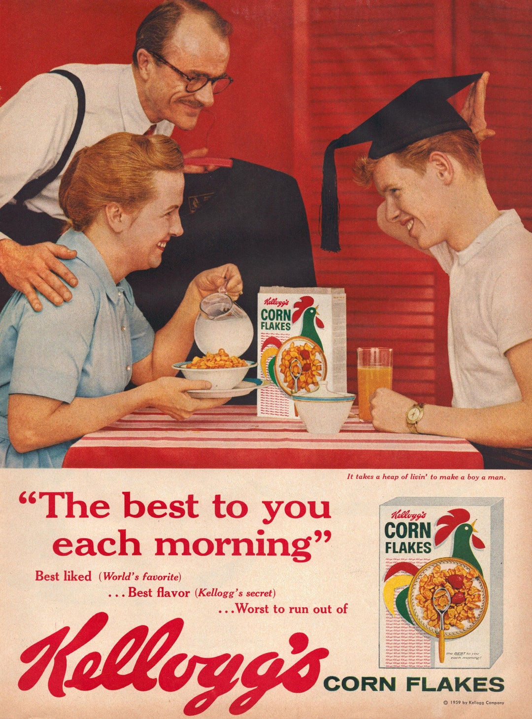 1959 Kellogg's Corn Flakes Cereal Vintage Print Ad, Breakfast With Mom ...