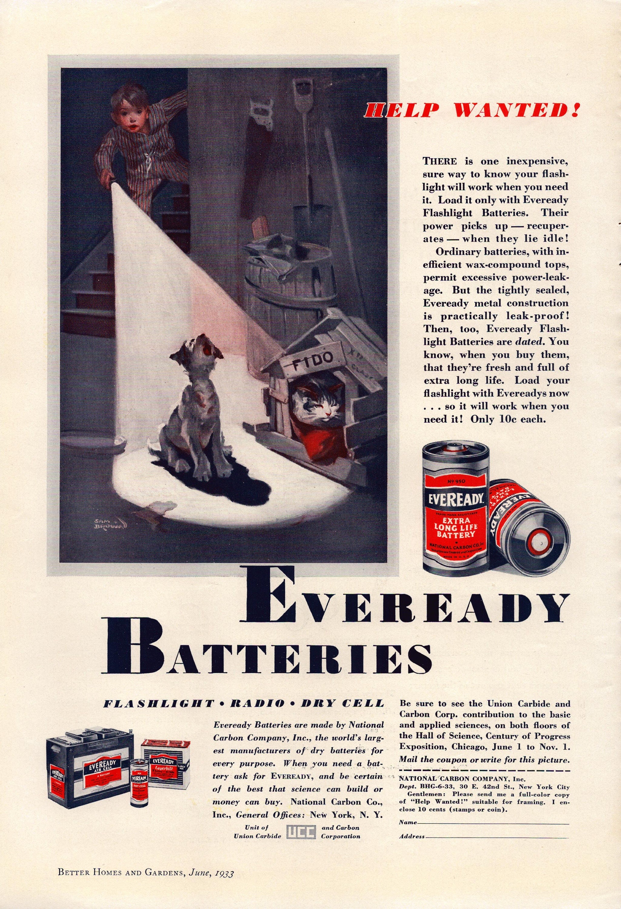 1933 Eveready Batteries Vintage Print Ad, Fido Finds Cat in His ...